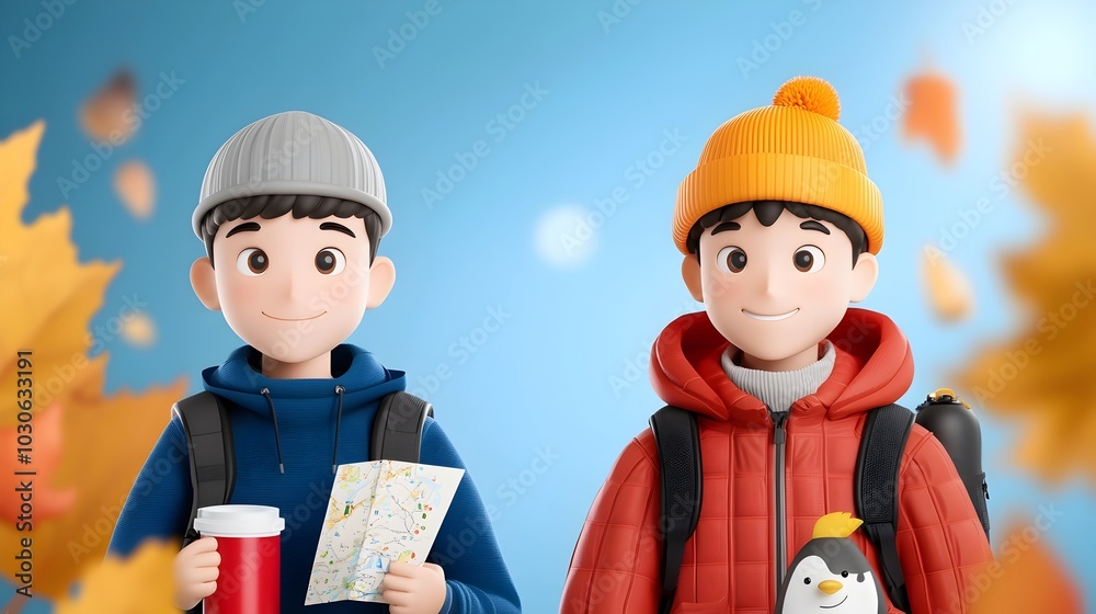 Hikers trekking through a fall forest using trail maps and compasses ...