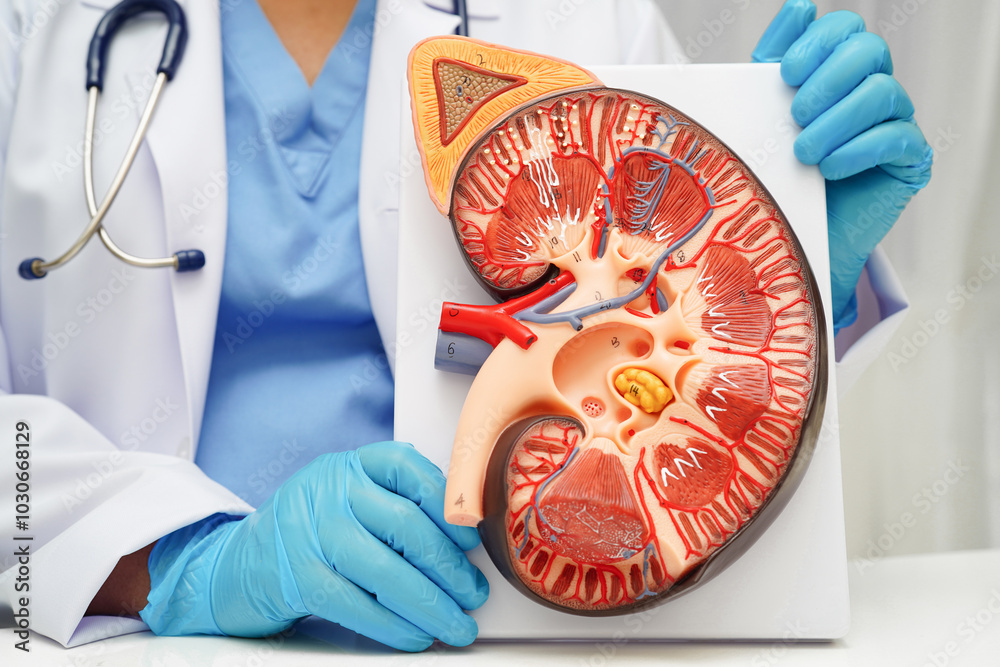 Chronic kidney disease, doctor with model for treatment urinary system ...
