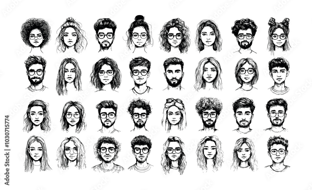 Human faces portraits black Ink sketch vector set. Young man woman ...