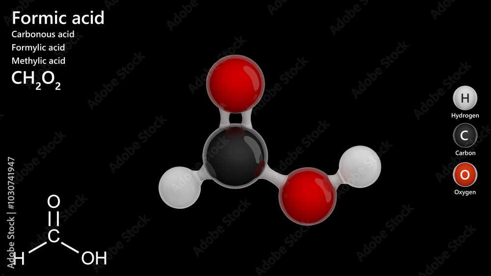 Molecule of Formic acid (HCOOH) is the simplest carboxylic acid. Found ...