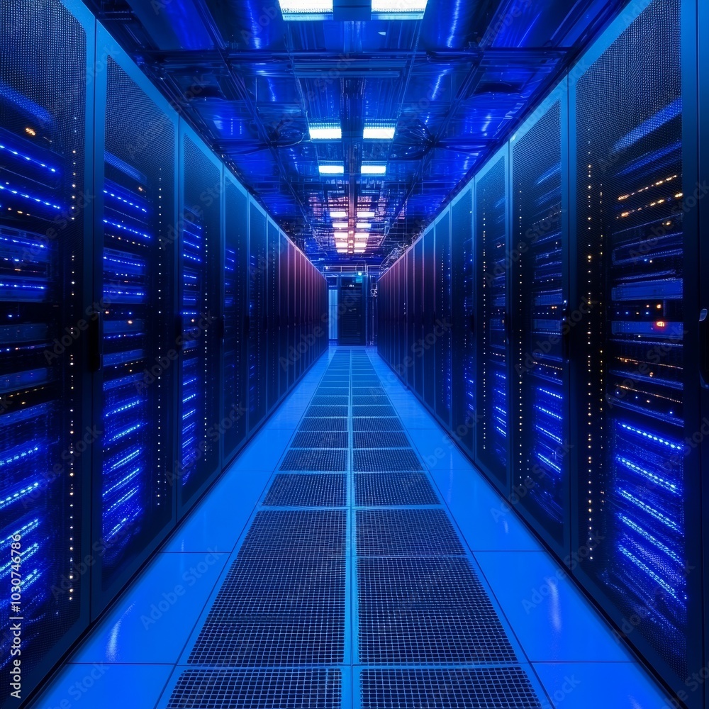 Server Room Network Hub, Illuminated Cabinets, Data Center Storage Technology, Big Data ...