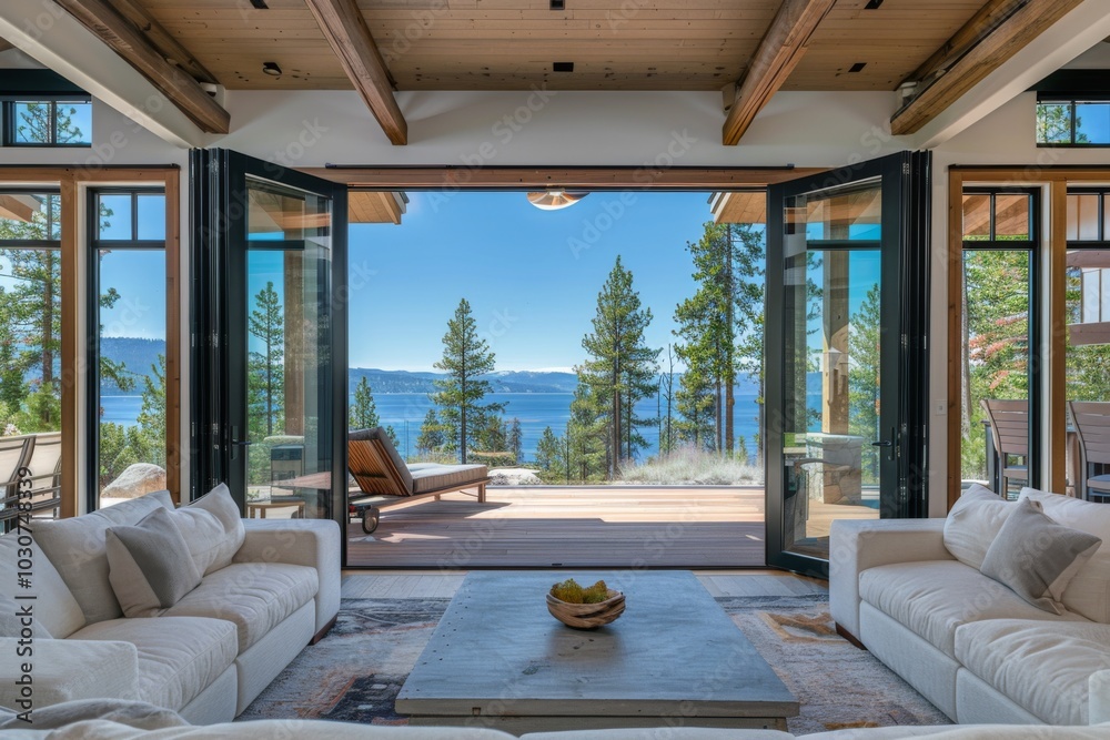 Open Balcony Door to Deck with Lake Tahoe View, Modern Cabin Interior ...