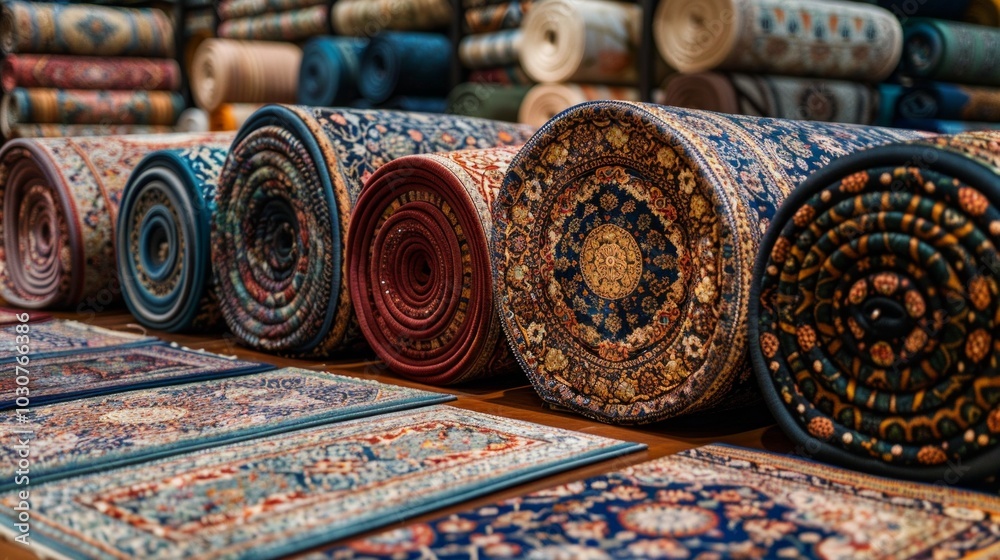 Variety of the gorgeous oriental carpets in traditional carpet store in ...
