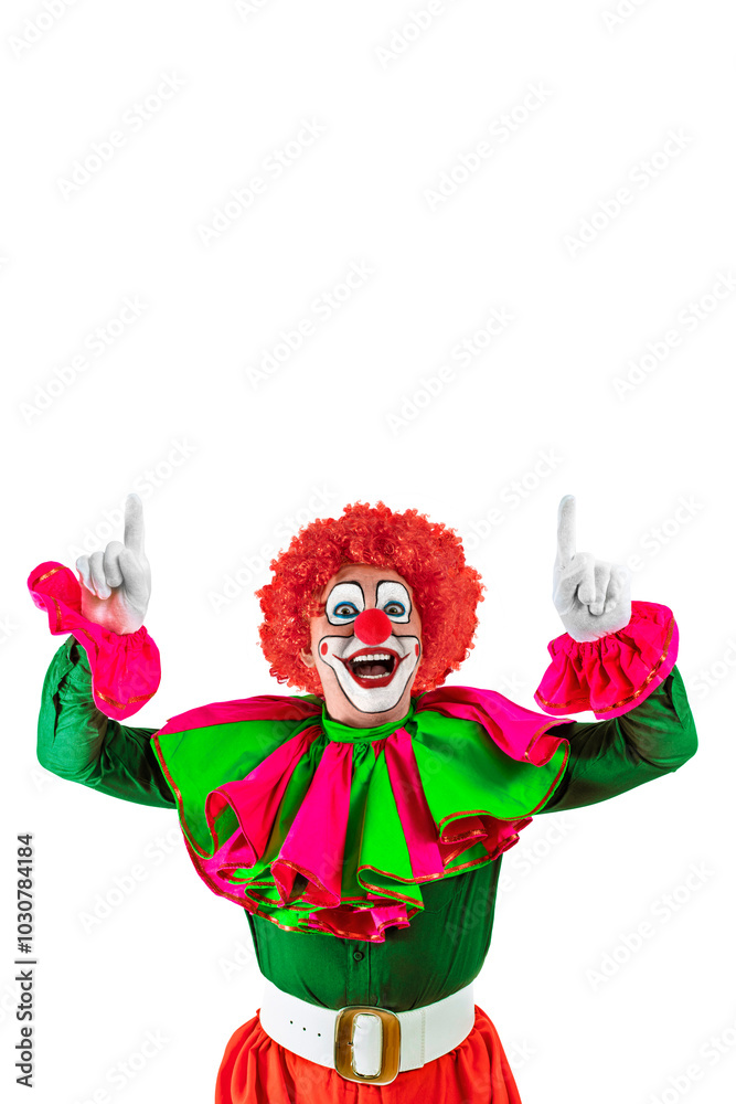 Funny clown pointing up at blank template copy spase for advertising ...