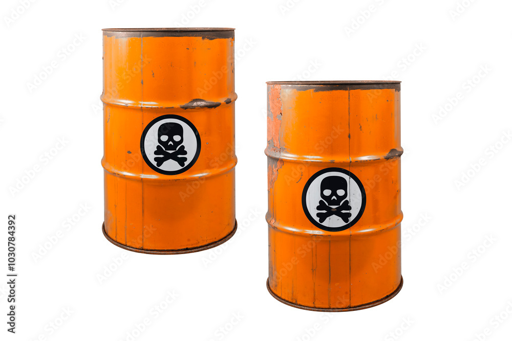 Barrel with toxic waste. Biohazard warning sign human skull with two ...
