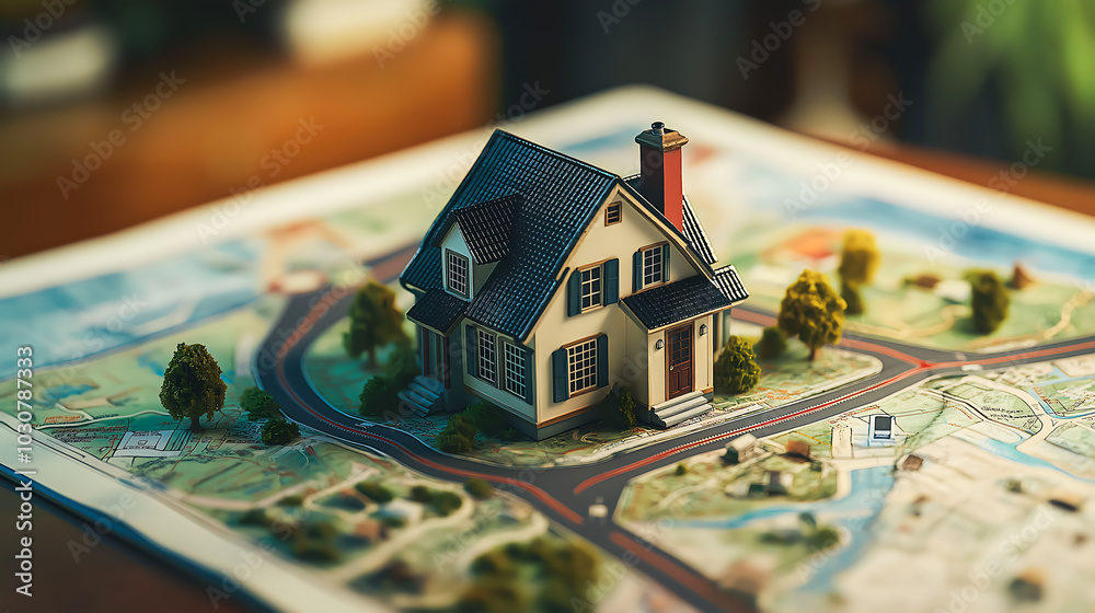 A small house model placed on a table atop a detailed map that shows ...
