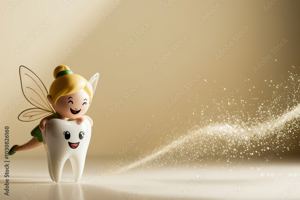 The tooth fairy holds a cheerful tooth in her hands. Healthy teeth ...