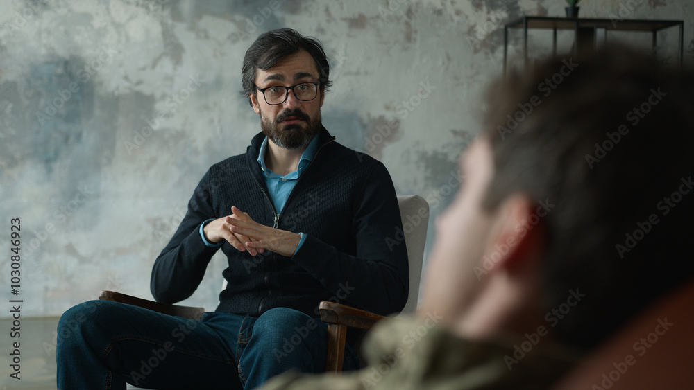 Mature Caucasian psychologist man male psychotherapist in glasses ...