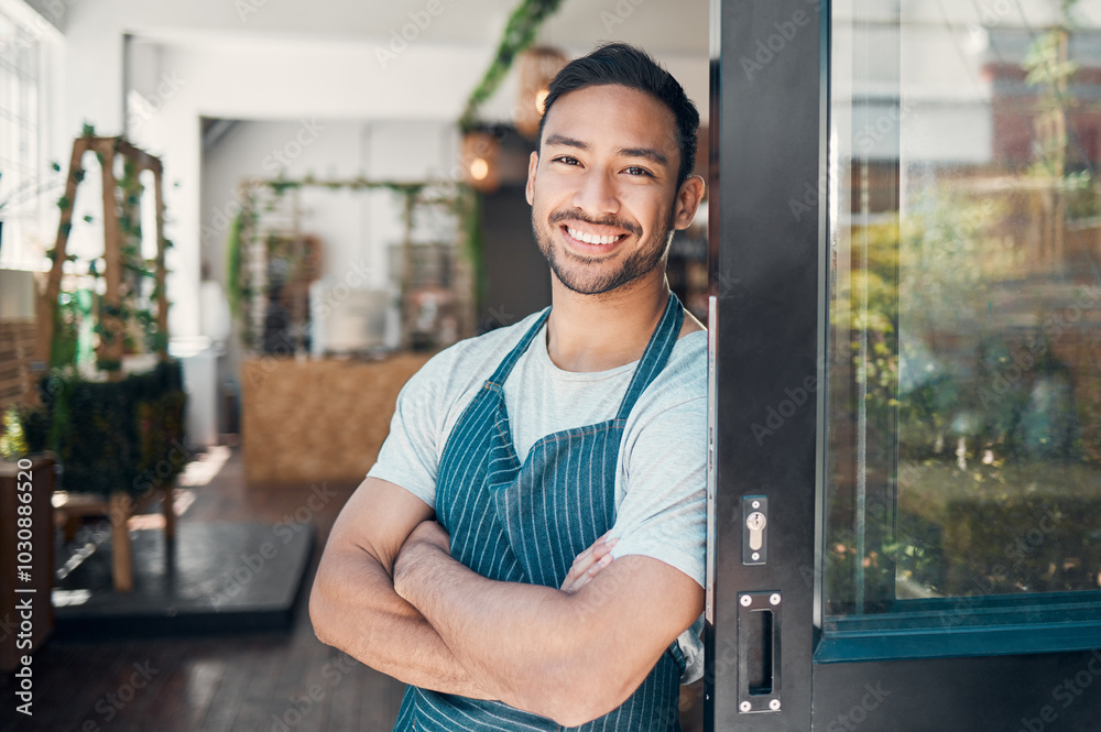 Cafe, business owner and asian man in portrait for arms crossed ...