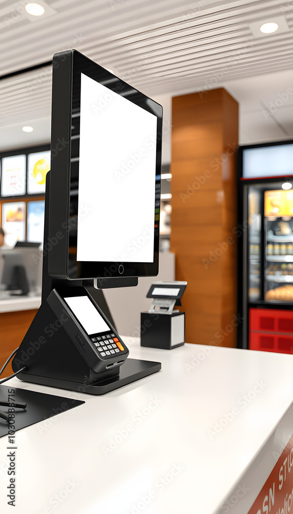 Self-service electronic counter with blank mockups on white screen and ...