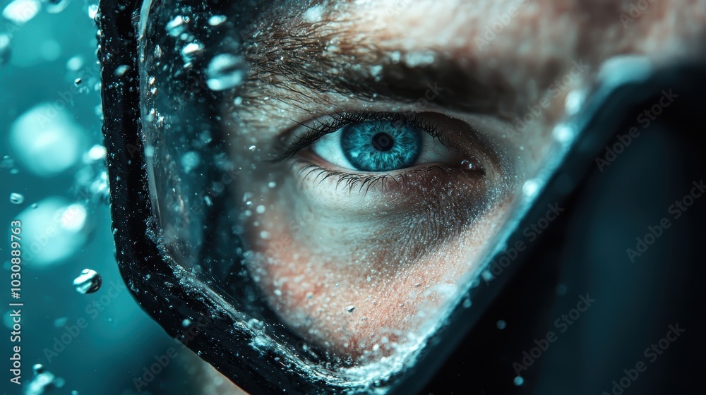 A diver's piercing blue eye is seen up close through his mask ...