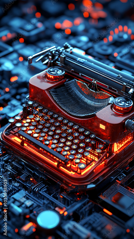 Retro Typewriter with Futuristic Techno Design, Close-Up Mechanical ...