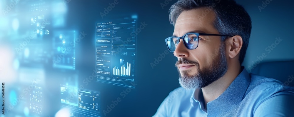 Virtual CEO meeting, advanced AI assistant, floating data screens ...