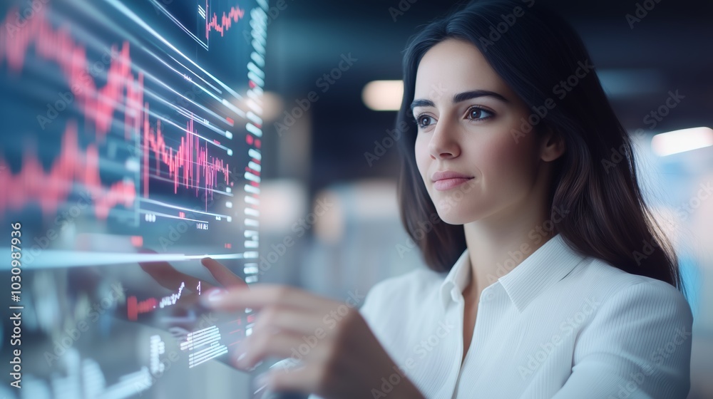 Businesswoman using holographic stock market display, virtual financial projections, ultramodern ...