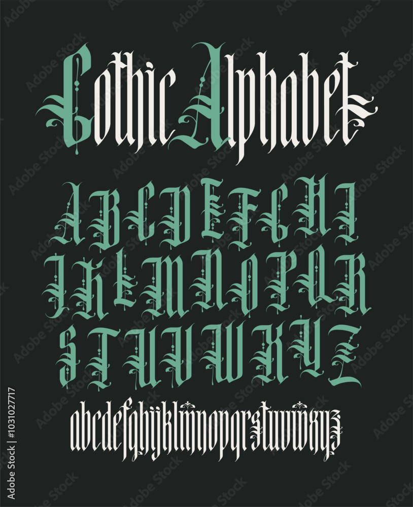 Gothic font. Full set of capital and small letters of English alphabet ...