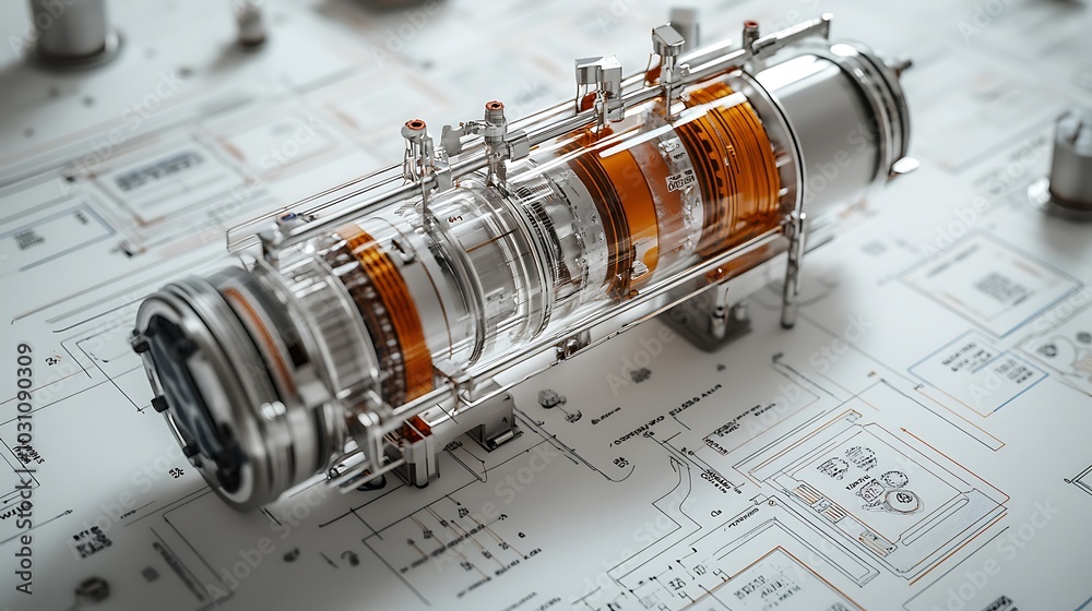 A flat lay of a hydrogen fuel cell with diagrams and technical ...