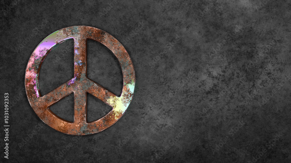 Rusty metal peace symbol on the black concrete background. 3D rendering ...