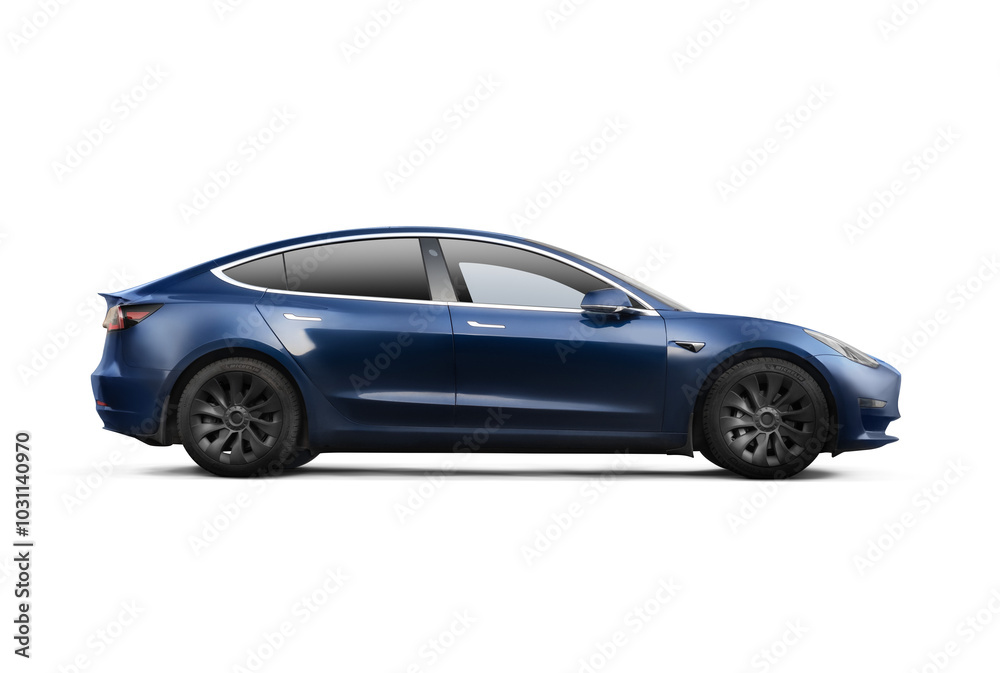 Side view of a blue Tesla Model 3 photographed on a transparent ...