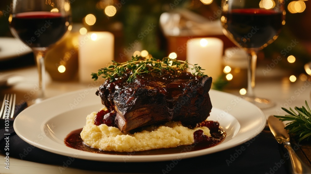 Braised short ribs with red wine on creamy polenta - gourmet holiday ...
