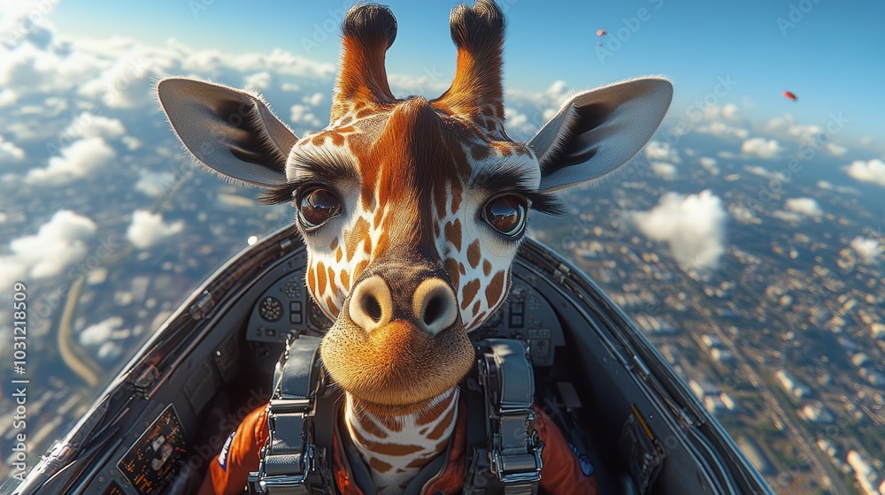 Giraffe piloting a fighter jet in the sky, whimsical adventure concept ...