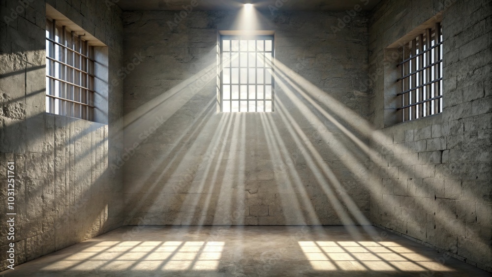 Abandoned prison cell with sunlight shining through window illuminating tally marks on the wall ...