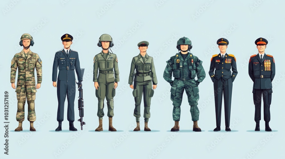 Armed forces characters vector set, featuring soldiers, pilots, and ...