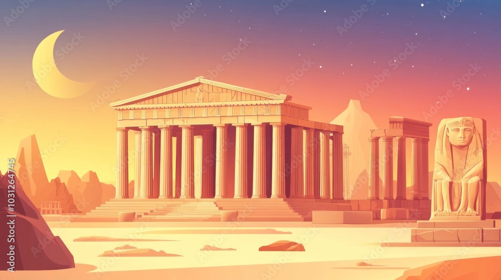 Historical landmarks vector, depicting ancient structures like the ...