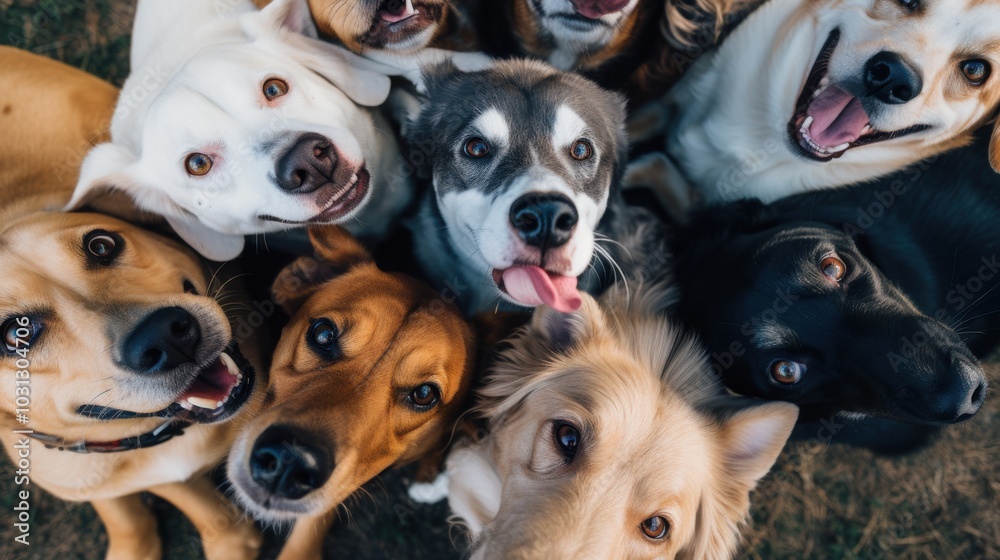 Adorable group of dogs smiling up at the camera, capturing a ...