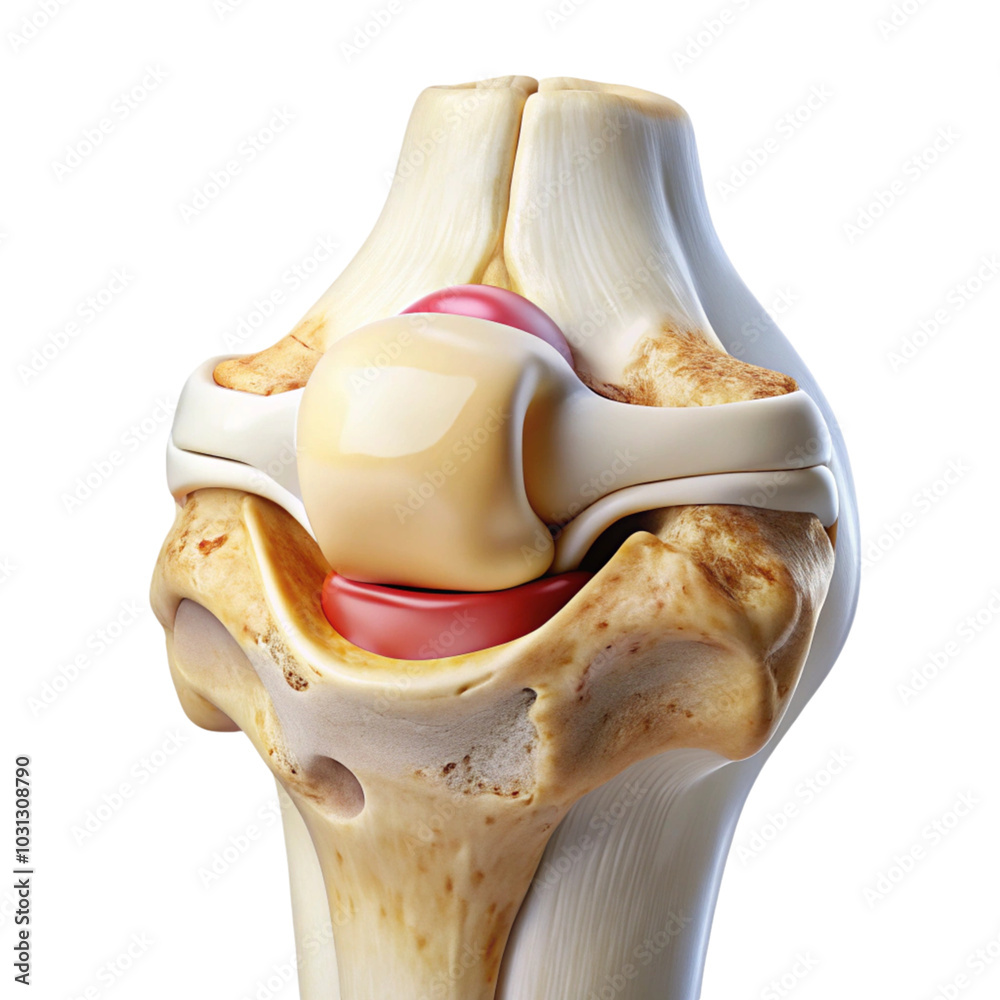 Realistic depiction of human knee joint anatomy, highlighting cartilage, bone structure, and ...