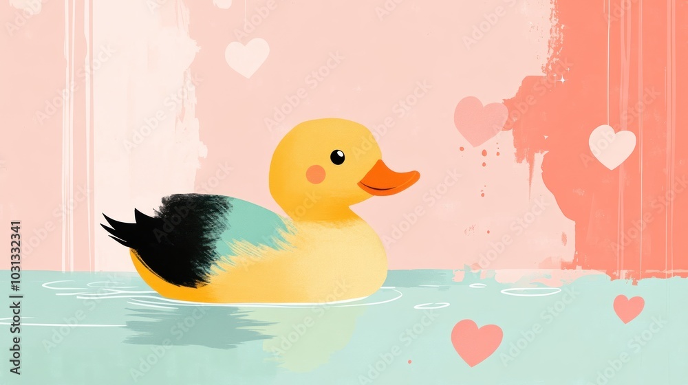 Cute duck with heart on minimalist pastel background with simple shape ...