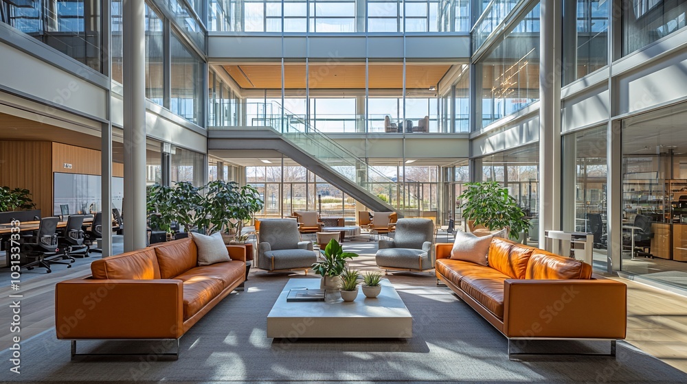 Modern office lobby with leather couches, coffee table, plants, and a ...