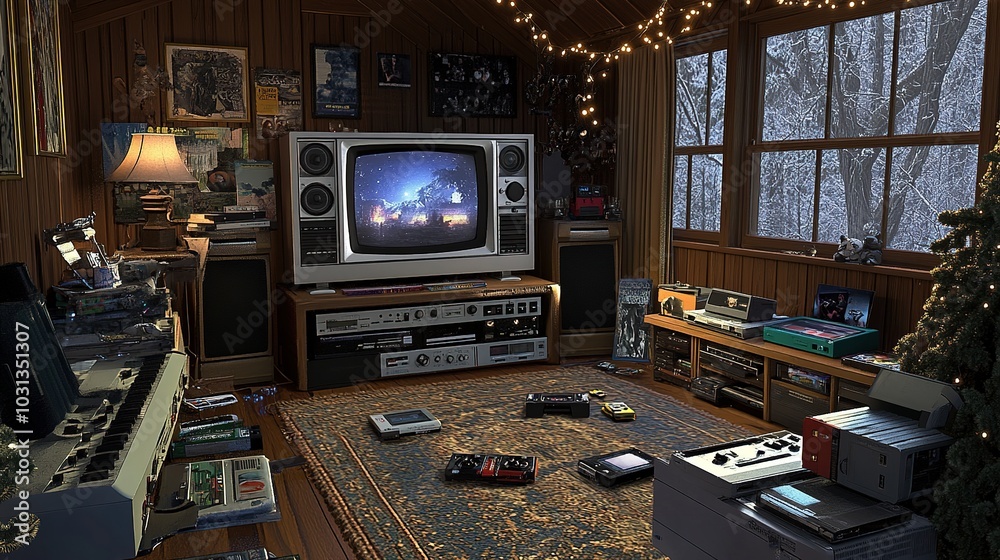 A Cozy Living Room with a Vintage CRT Television Playing a Classic VHS ...