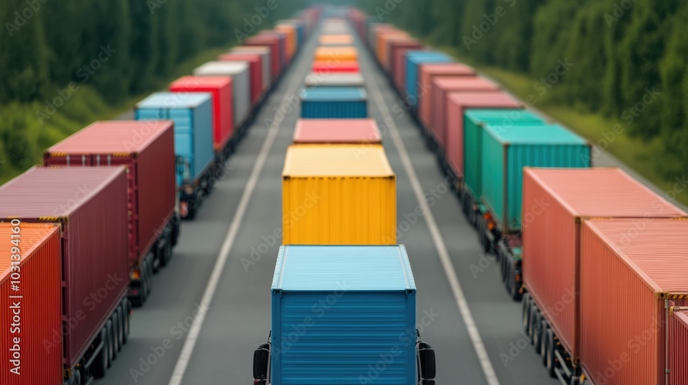 Long line of freight trucks and cargo containers stuck at a busy border ...