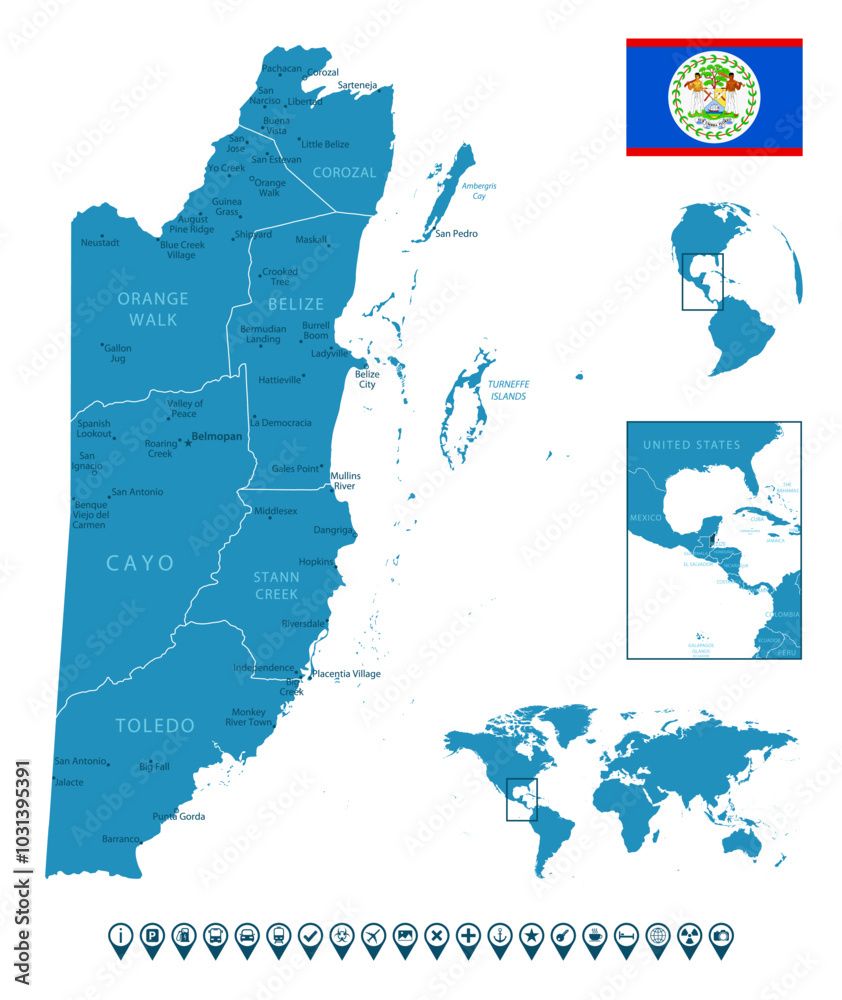 Belize - detailed blue country map with cities, regions, location on ...