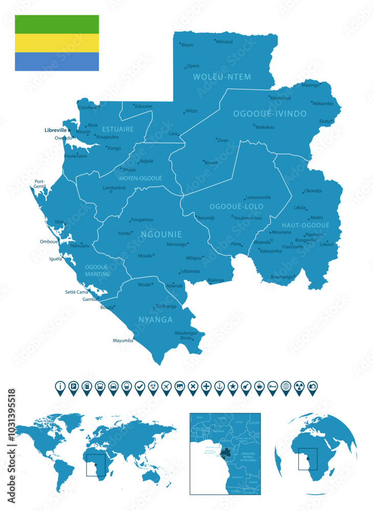 Gabon - detailed blue country map with cities, regions, location on ...