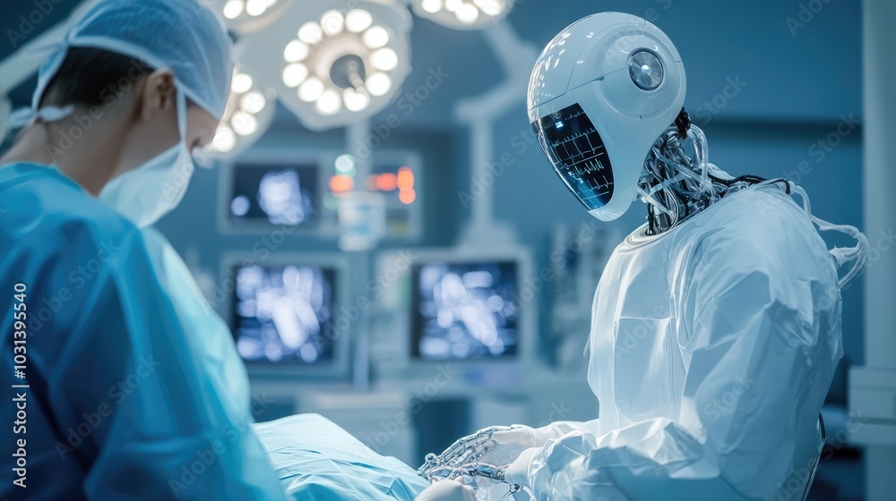 AI robot assisting with robotic surgery and precise medical procedures ...