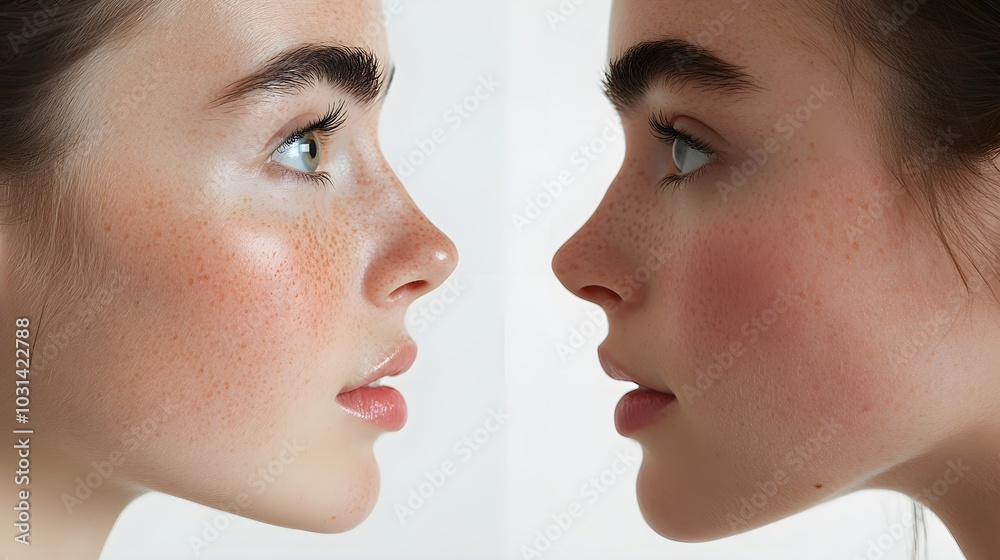 Detailed profile comparison before and after rhinoplasty, showing a ...