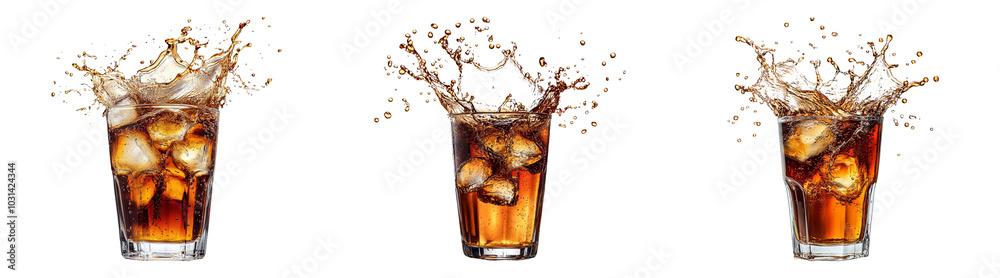 Iced cola with splashing cubes isolated on transparent PNG, ideal for drink advertisements ...