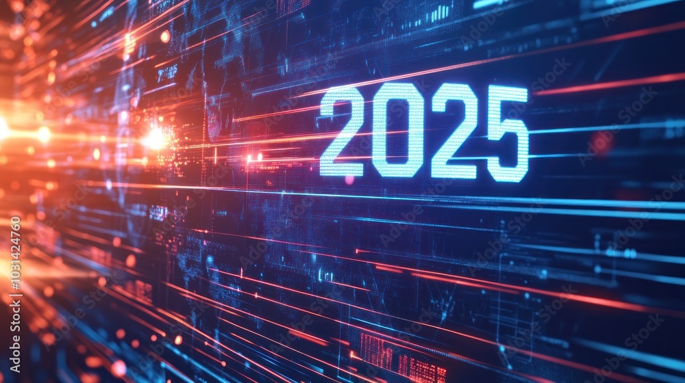 Futuristic Digital Happy New Year 2025 design with holographic elements ...