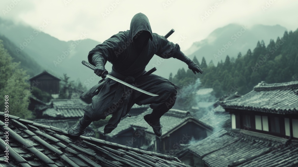 A stealthy ninja dressed in dark attire leaps across traditional ...