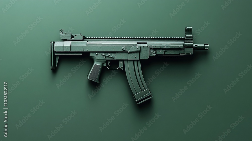 A minimalist image of a light machine gun isolated against a solid ...
