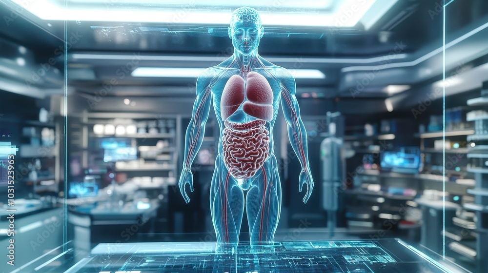 Holographic Human Anatomy Model with Visible Internal Organs in Futuristic Laboratory Setting ...