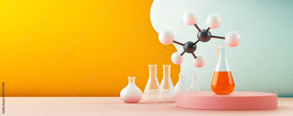 Colorful laboratory glassware with molecular structure model, bright ...