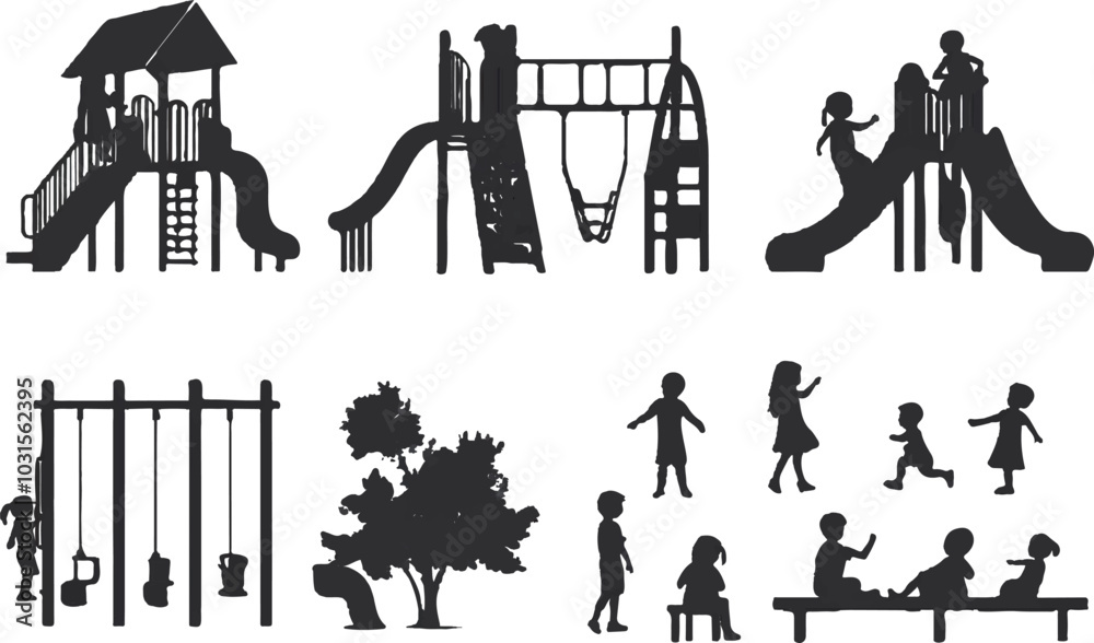 Set of black vector icons, silhouette children playing on playgrounds ...