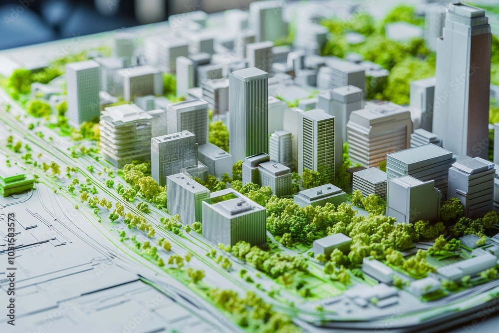 Urban planners using 3D models to visualize a new sustainable neighborhood, incorporating green ...