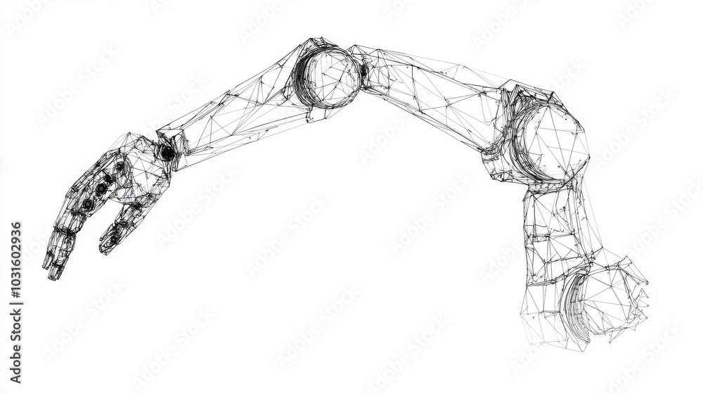 This is a simple drawing of a robot arm, made with triangles.It shows ...