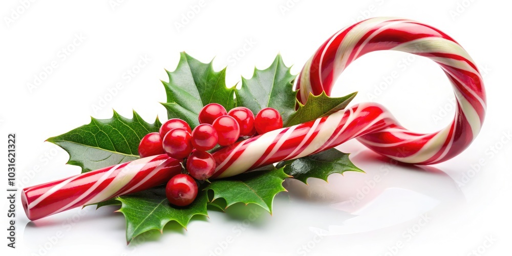 Surreal Christmas Candy Cane with Holly Berries Isolated on White ...