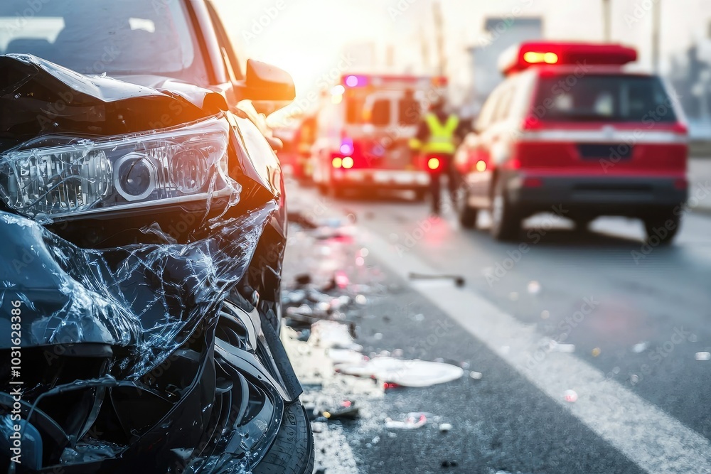 Traffic accident scene showing damaged car, emergency vehicles in ...