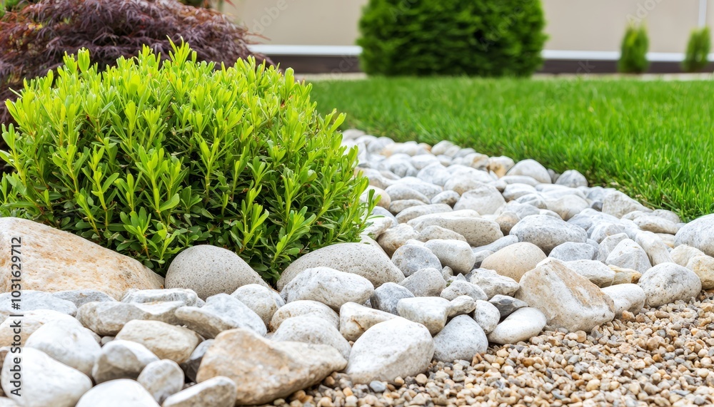 A front yard with native plants, gravel pathways, and boulders creating ...