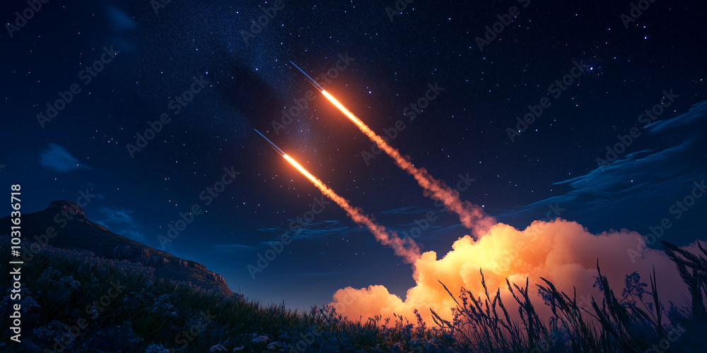 Realistic Night Sky Depiction of Missile Defense System in Action ...